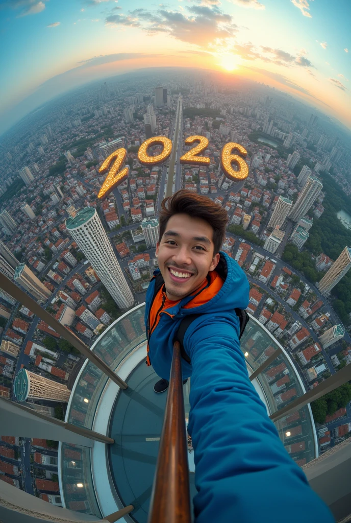 Prompt: "A fisheye ultra-wide shot looking down from a very tall ...