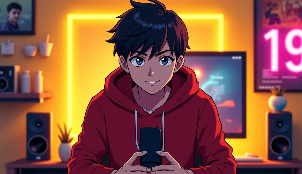 Create a anime boy who have a a mature looking like a man facing in ...