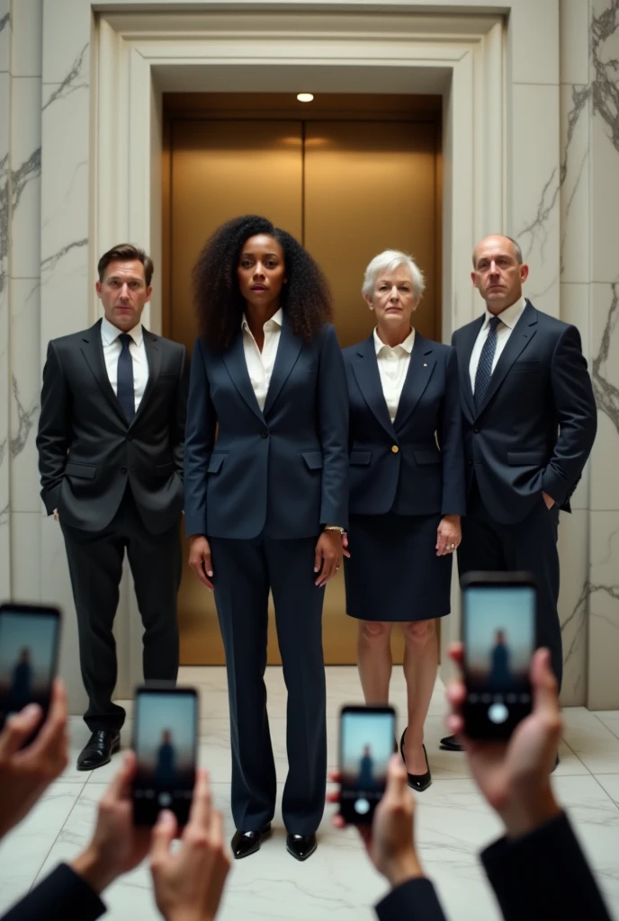 A hyper-realistic cinematic scene inside a luxury corporate building ...