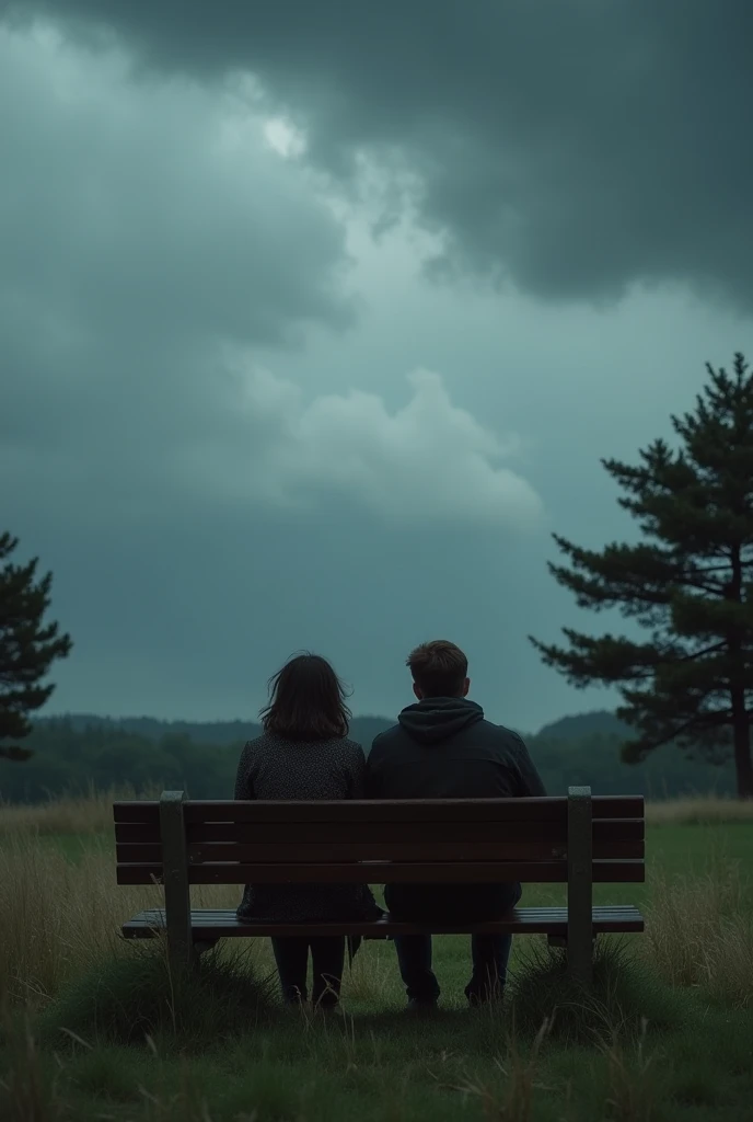 A wide, distant camera shot of two people sitting quietly on a wooden ...