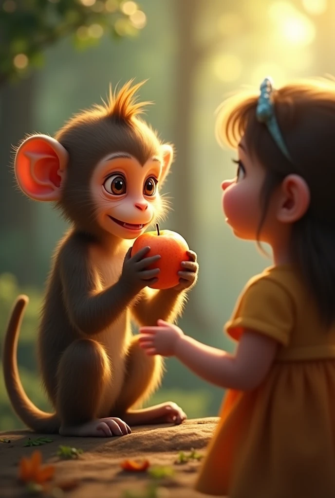 Same baby monkey character receiving a fruit from a small kind girl ...