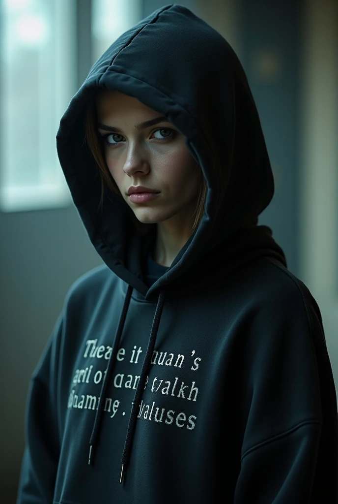 I want to create a video of a girl wearing a hoodie with this text ...