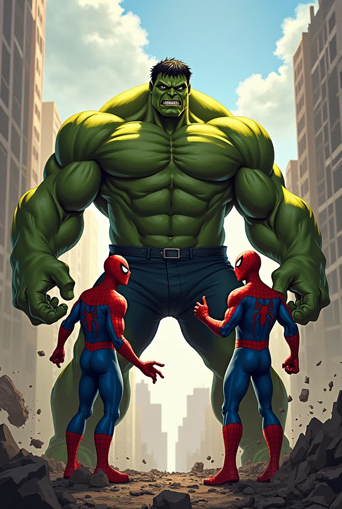 Hulk and Spider-Man standing back-to-back in the middle of a battle ...