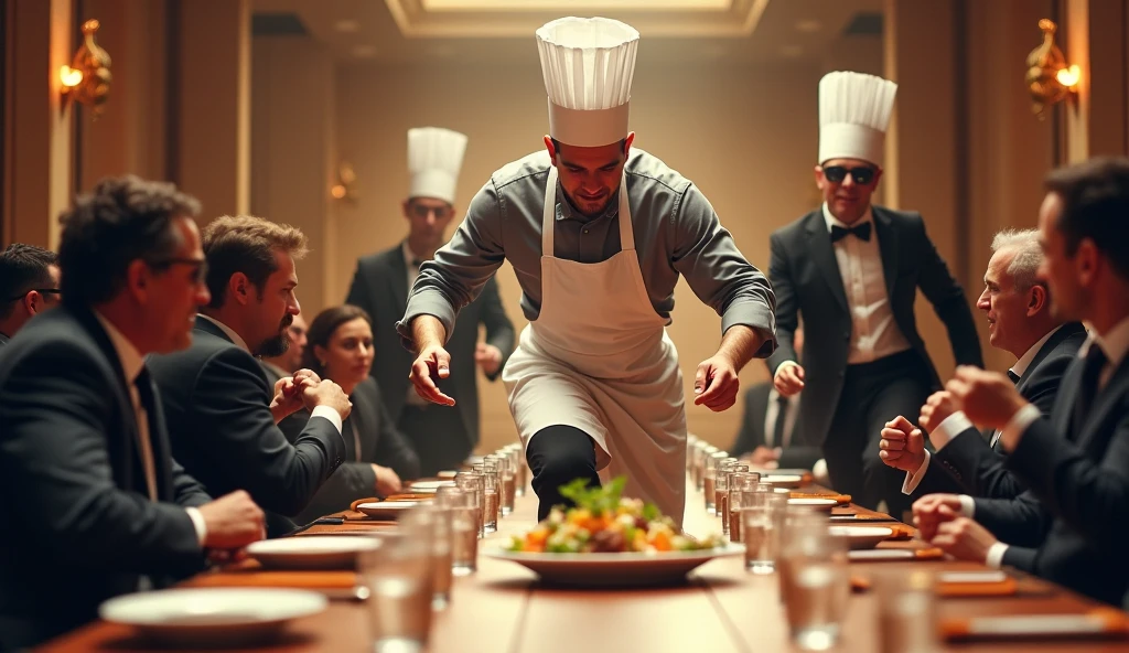 Chefs in a grey shirt, with a white apron and a traditional white chef ...