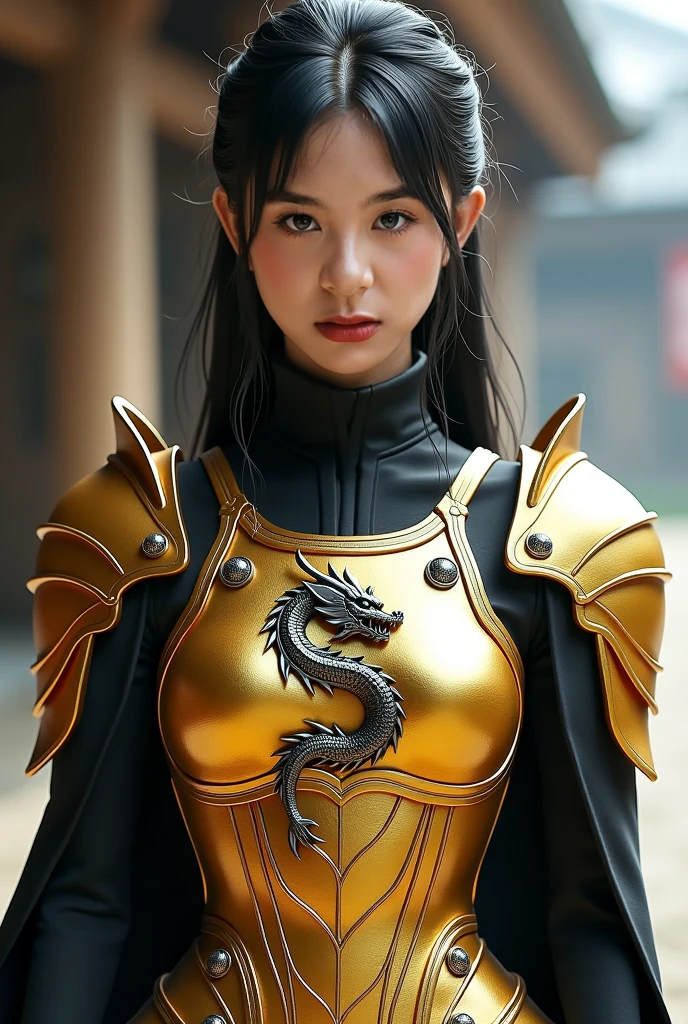 Realistic asian female, black hair, wear turtleneck, wear golden armor ...