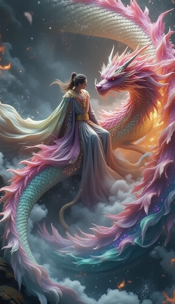Handsome young man with a Rainbow dragon , ((boy wearing long robes ...