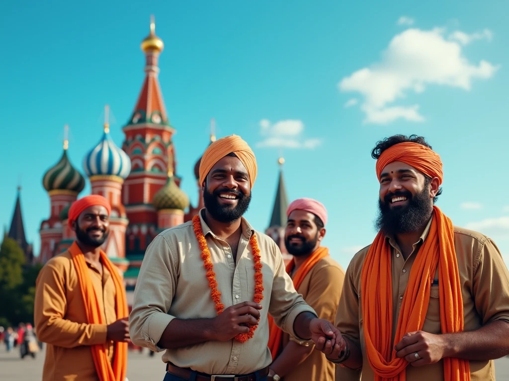 Hindus work in Russia, with the Kremlin in the background, bright blue ...