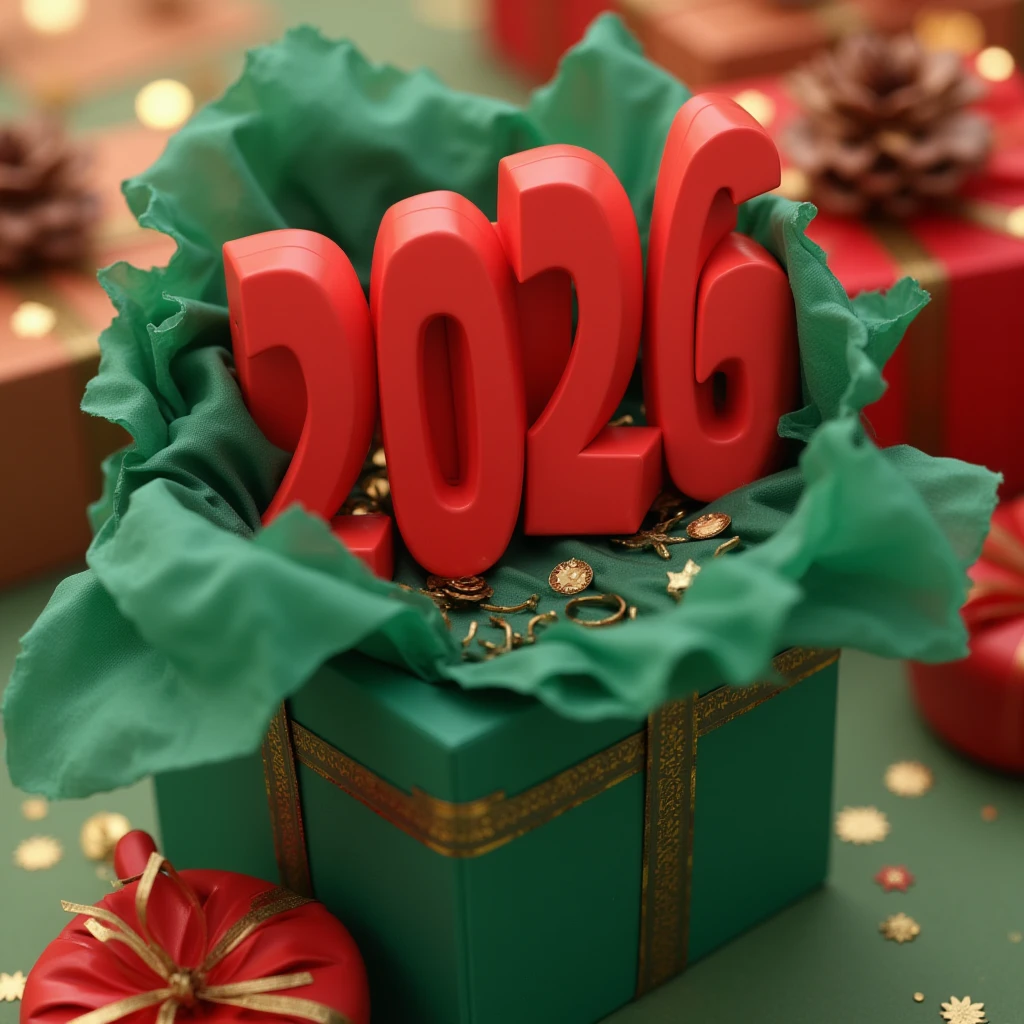 3 dimensional red lettering 2026, In an open gift box, green wrapping ...