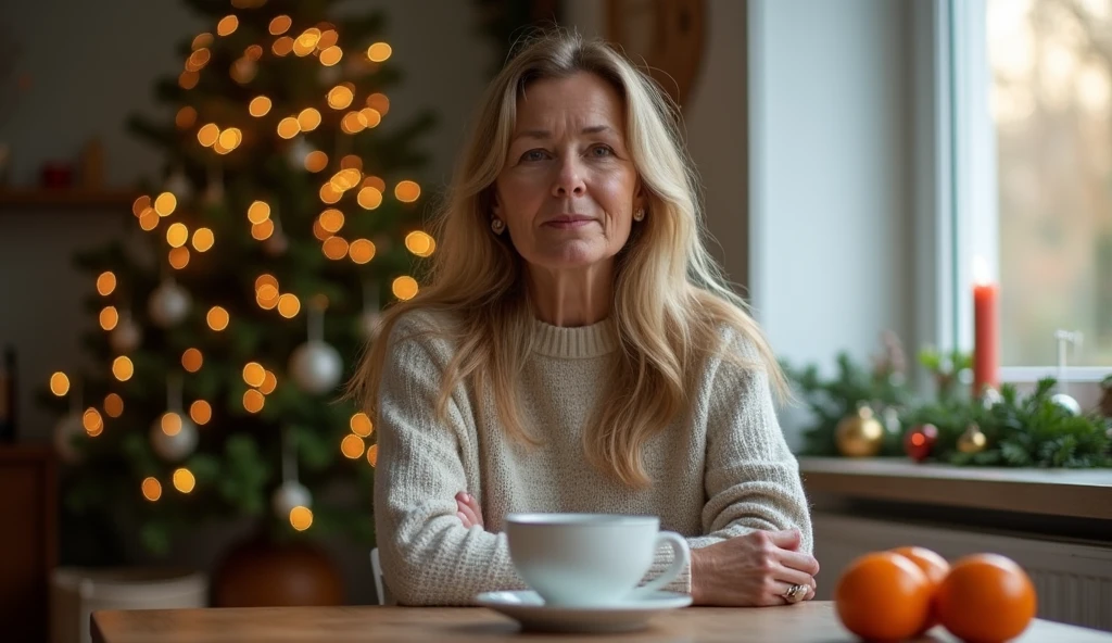A woman or a 40—45 year-old man sitting in the kitchen or living room ...