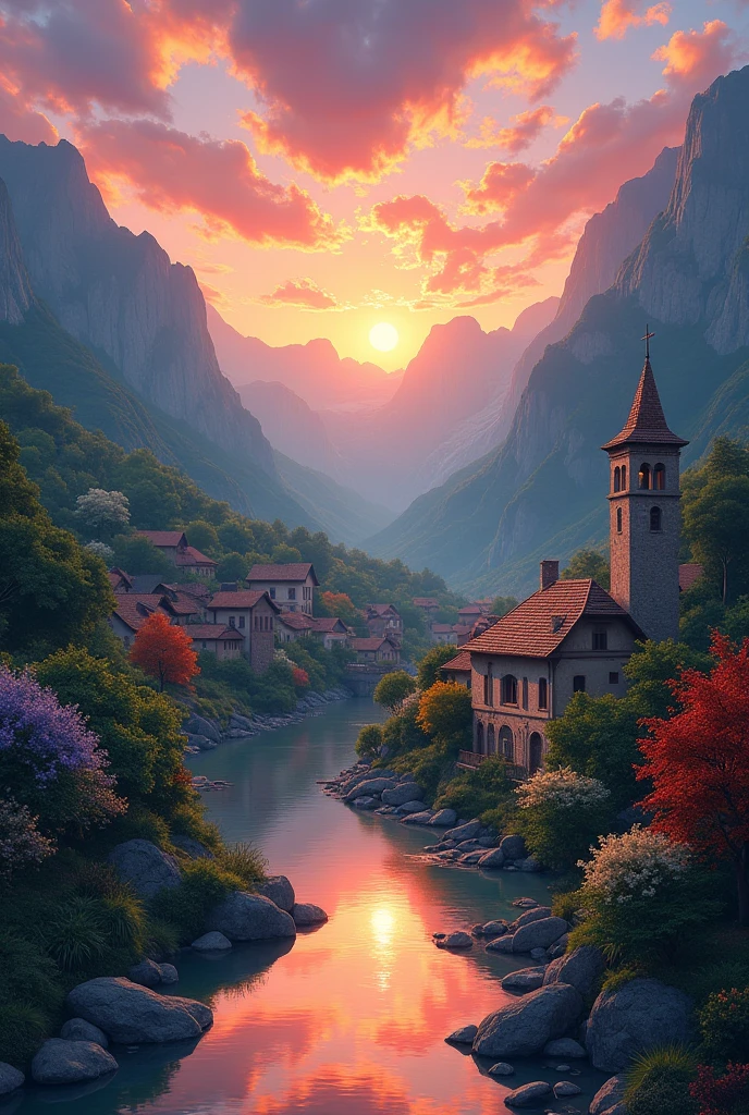 A small village by the river, mountains in the colorful, detailed ...