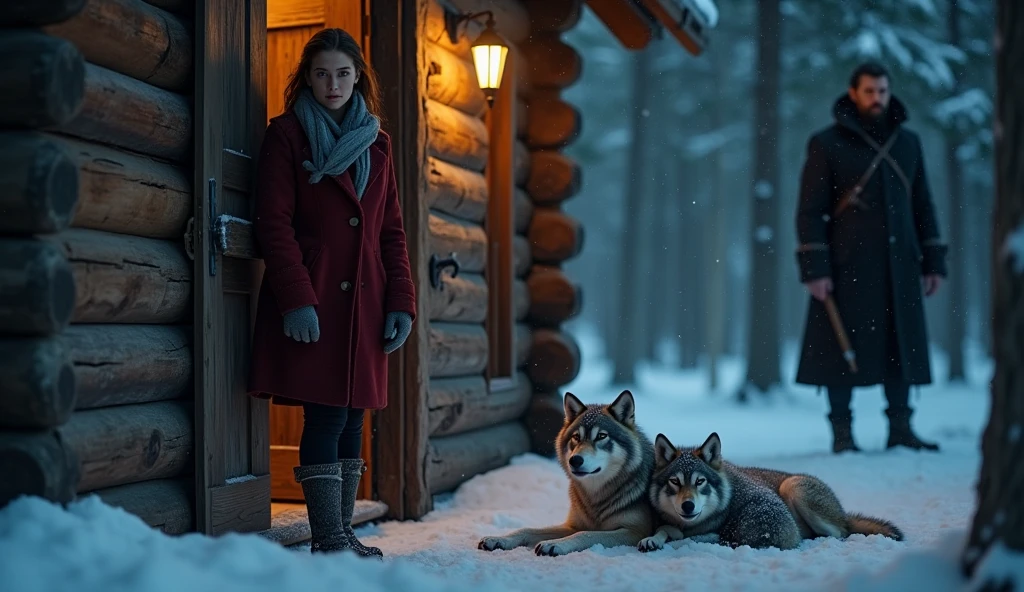 Ultra-realistic cinematic winter night scene. Main Focus: A young woman ...
