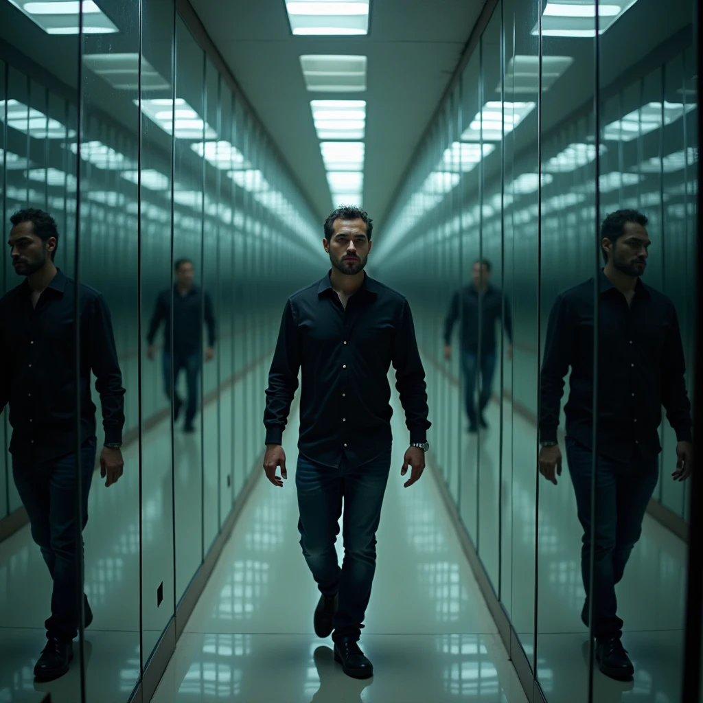 Medium shot, the man walking through a corridor of mirrors, multiple ...