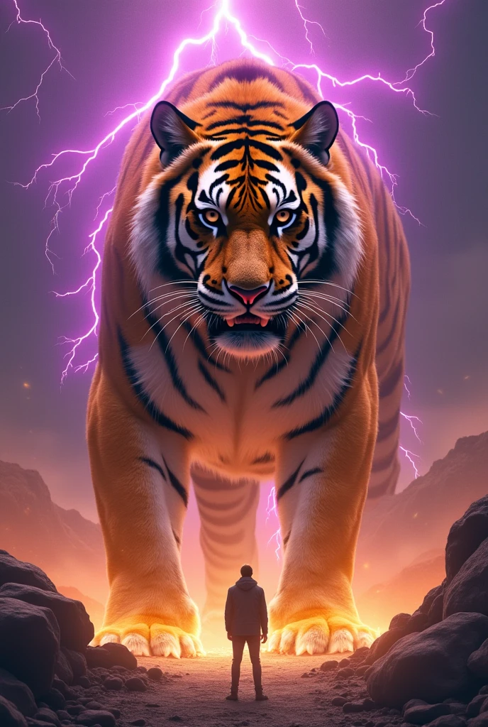 A giant tiger in front of the camera a small man stands in front of the ...