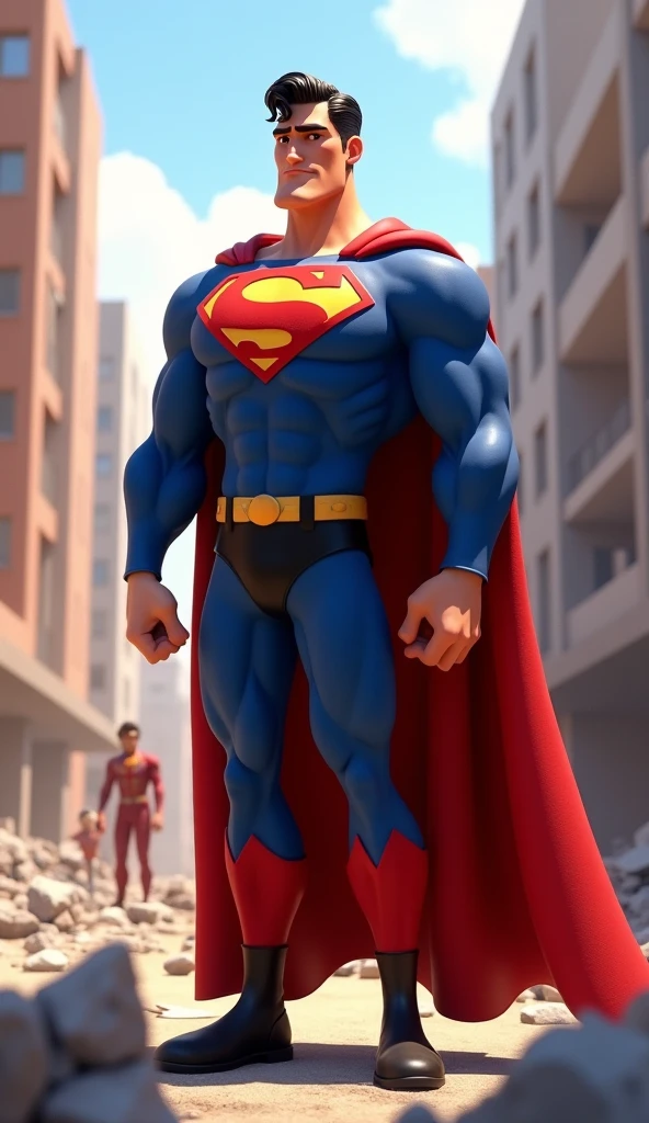 3D cartoon-style scene of superman, maintaining his distinct look ...