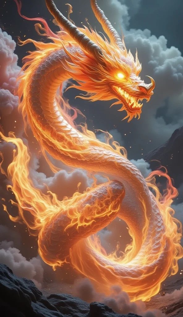 bioluminescent light is floating with a burning Rainbow dragon - SeaArt AI