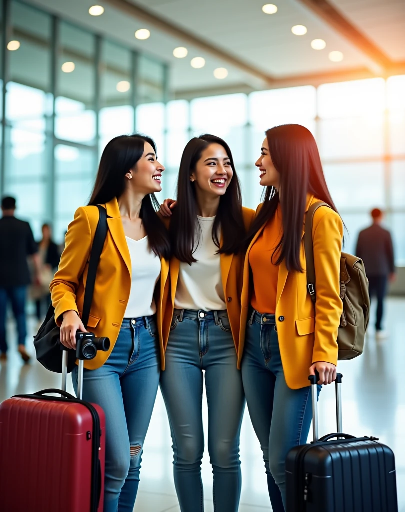 A small group of friends, three Asian girls meet at the airport with ...