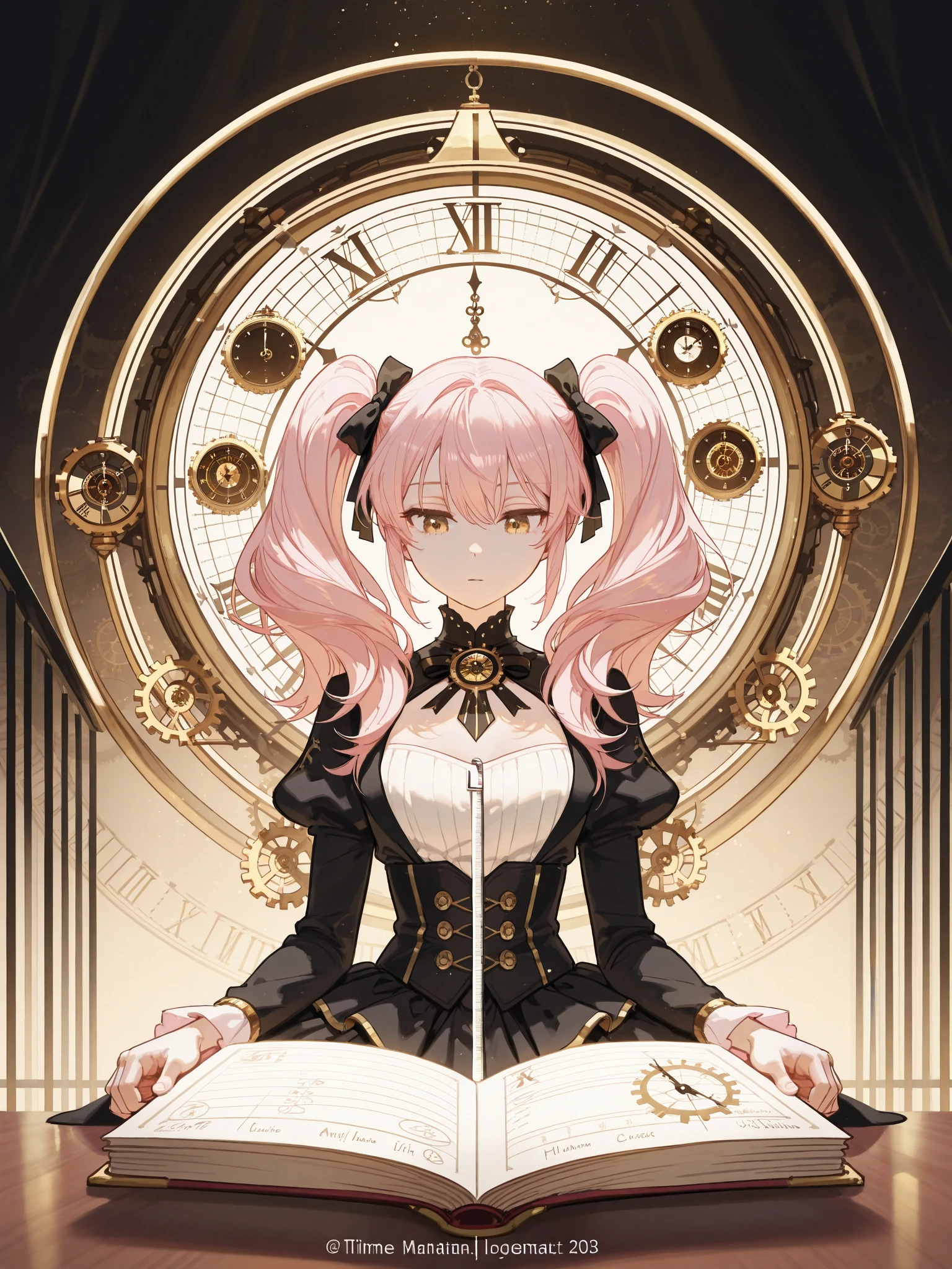 A young woman with pale pink twin-tails, wearing an elegant black and ...