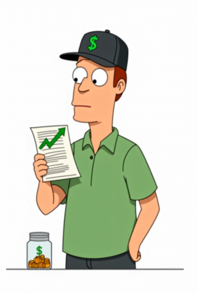 "Flat 2D cartoon, white background, thick black lines. A male character ...