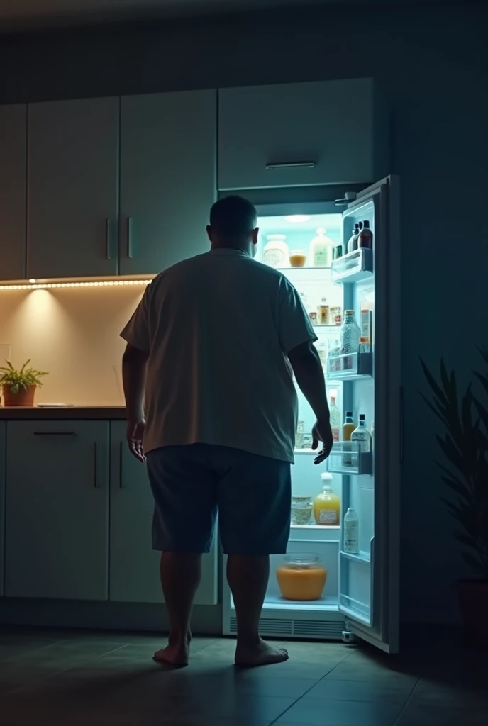 A realistic, relatable night-time scene of an overweight egyptian man ...