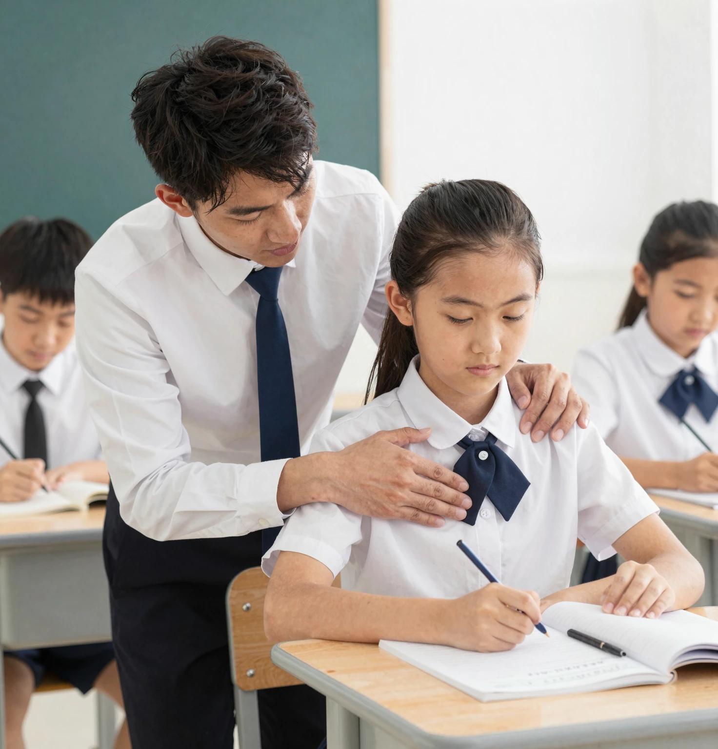 A provocative scene of a male student the of a primary school gi ...