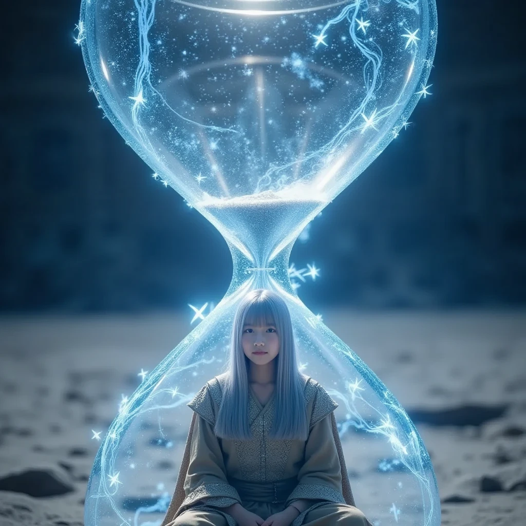The silver-haired wizard sitting inside a giant hourglass floating in ...