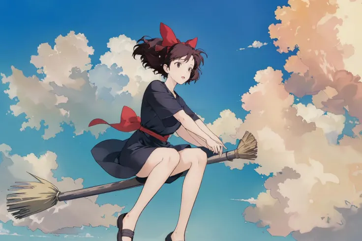 Anime girl sitting on a broom in the sky with a broom - SeaArt AI