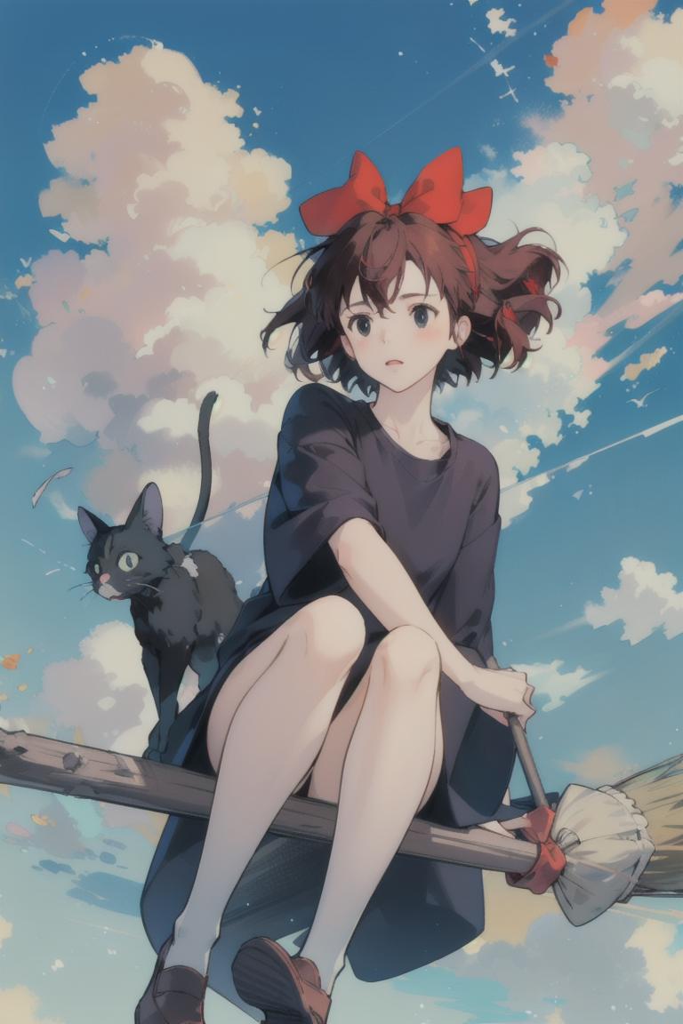 Anime girl sitting on a broom with a cat on her lap - SeaArt AI