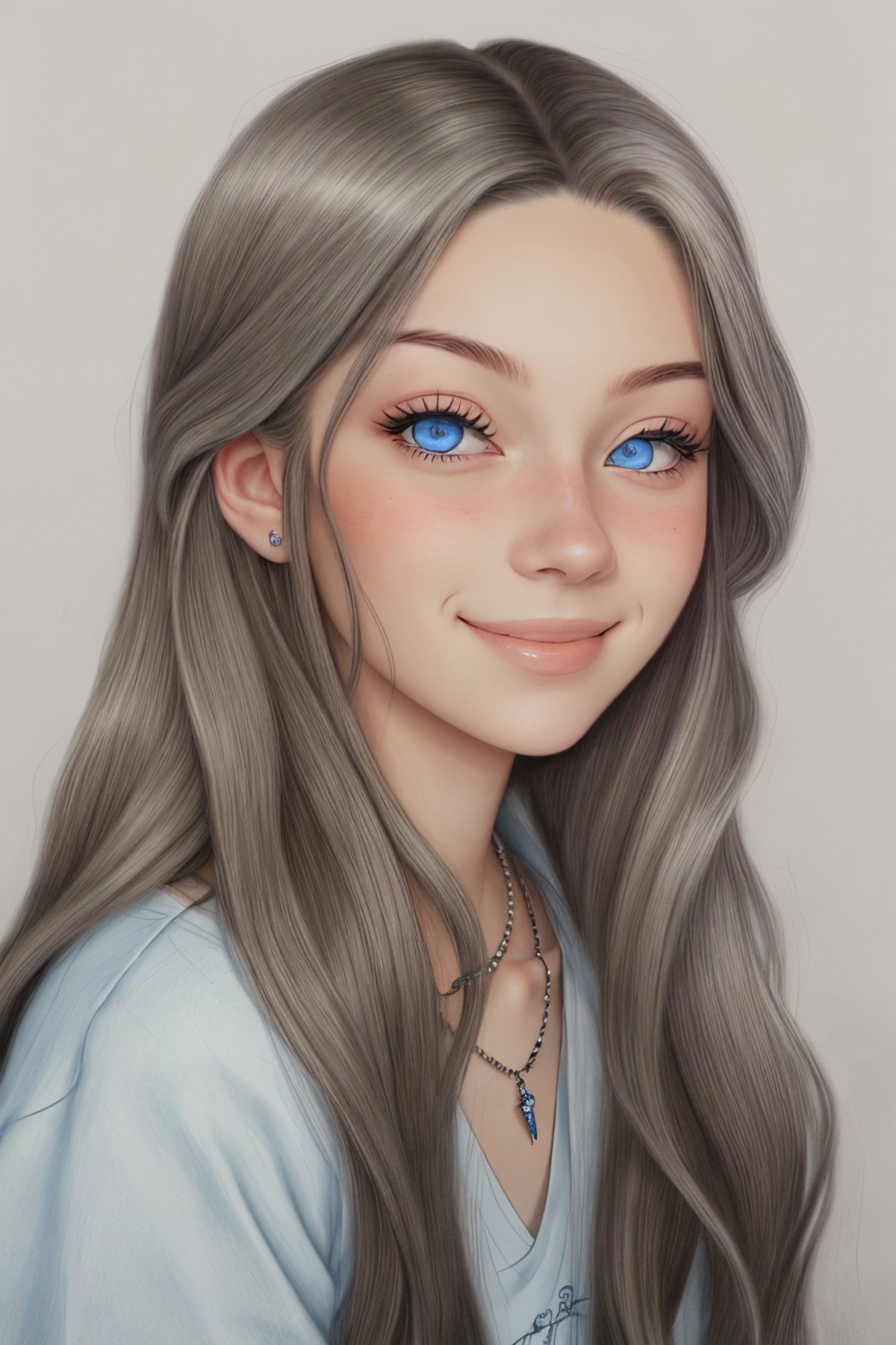 A drawing of a girl with long gray hair and blue eyes - SeaArt AI