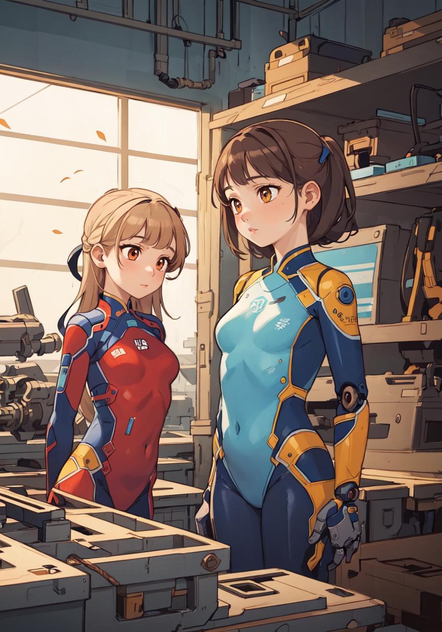Two anime girls in a factory with boxes and machines - SeaArt AI