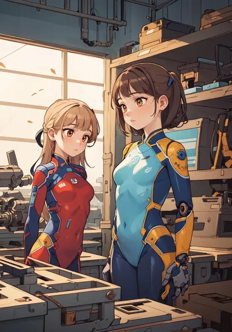 Two anime girls in a factory with boxes and machines - SeaArt AI