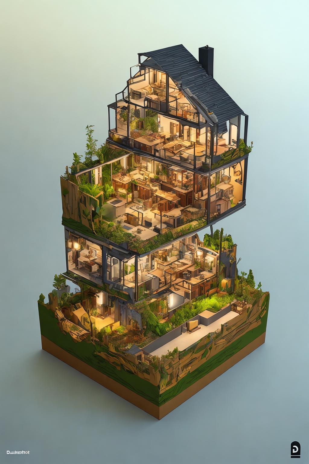 A very tall house with a lot of windows and plants on the roof - SeaArt AI