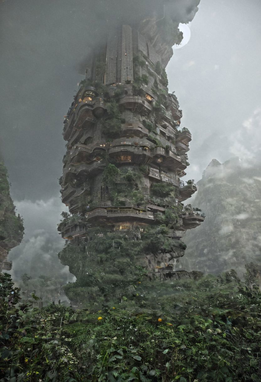 A tall tower with a lot of plants growing on it - SeaArt AI