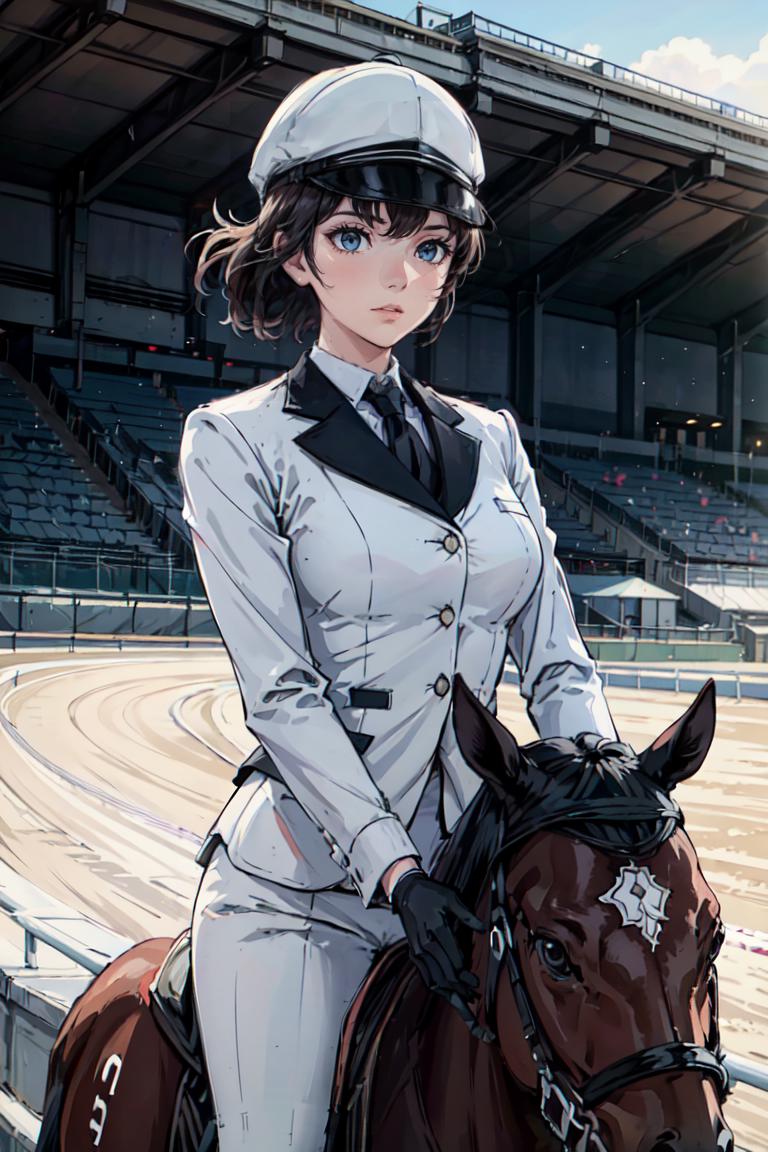 Anime girl in uniform riding a horse in a stadium - SeaArt AI