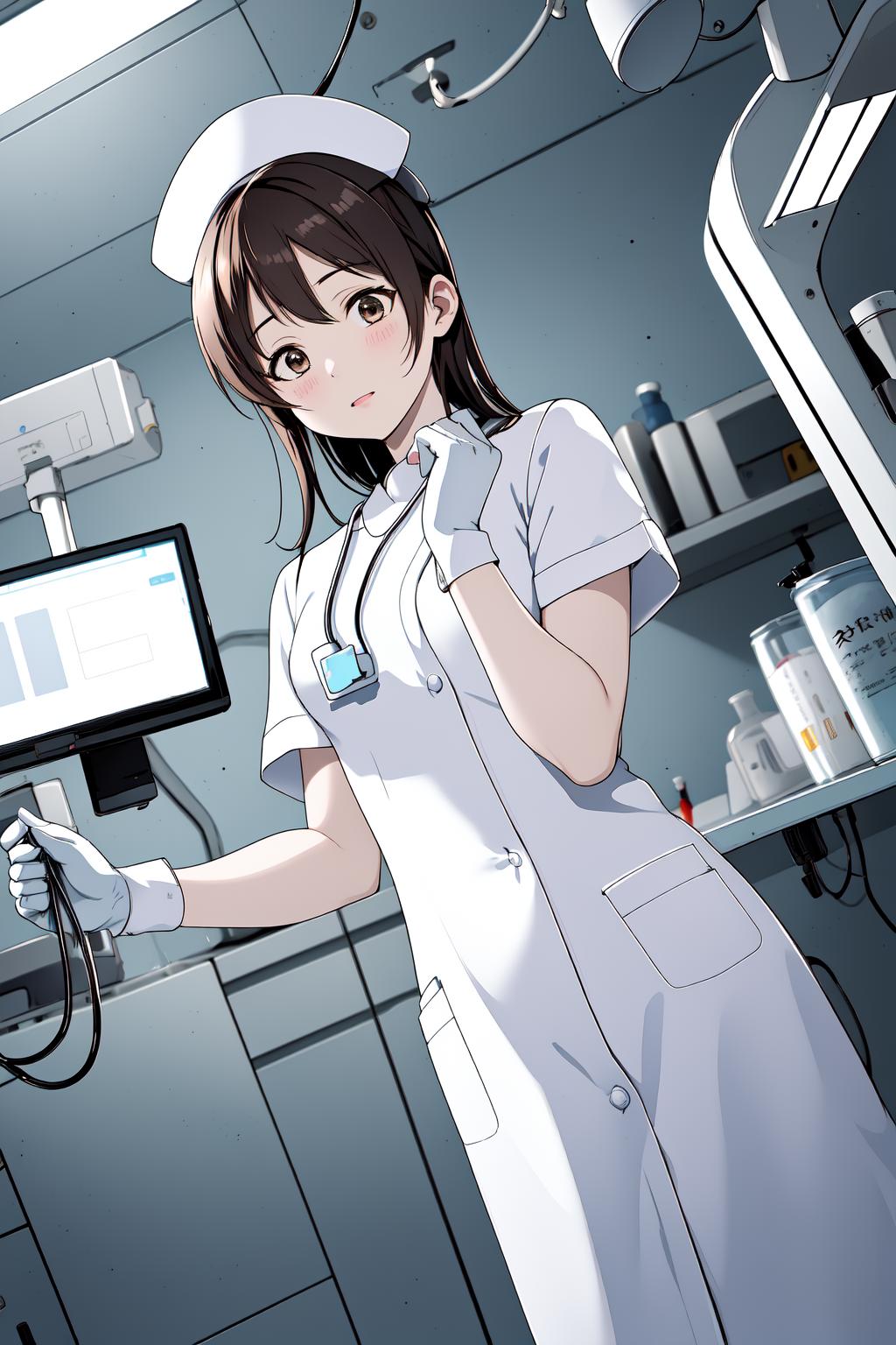 Anime nurse holding a monitor in a hospital room with a monitor on the ...