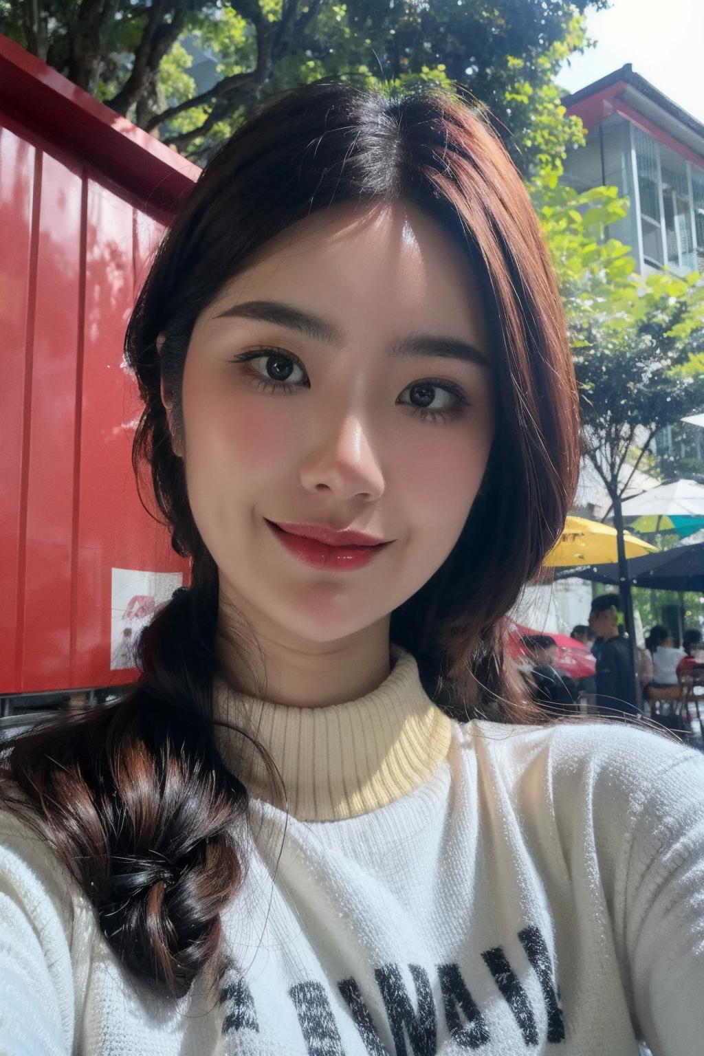 A close up of a woman with a white sweater and a red truck - SeaArt AI