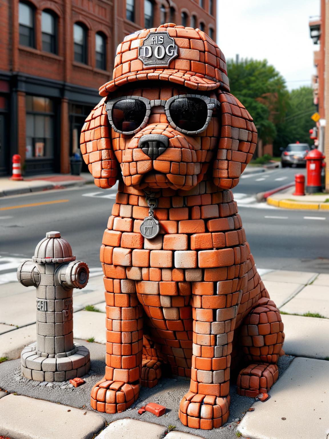 There is a brick dog statue on the sidewalk next to a fire hydrant ...