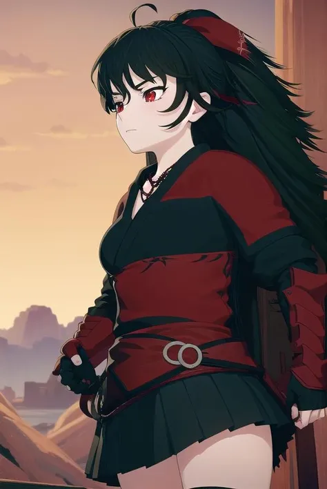 A woman in a red and black outfit standing in front of a desert - SeaArt AI