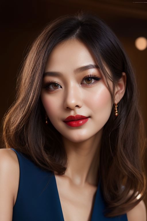 A woman with long hair wearing a blue dress and red lipstick - SeaArt AI