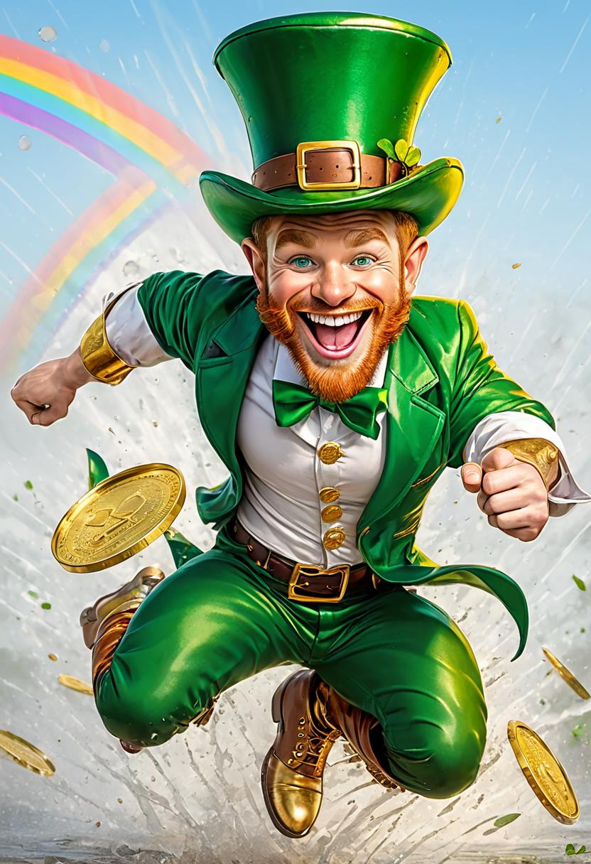 A close up of a man in a green suit and hat jumping in the air - SeaArt AI