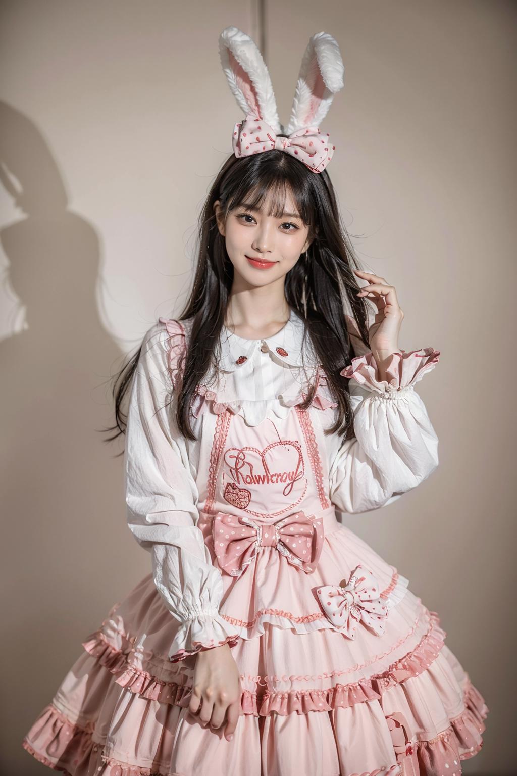 A woman in a pink dress and bunny ears posing for a picture - SeaArt AI