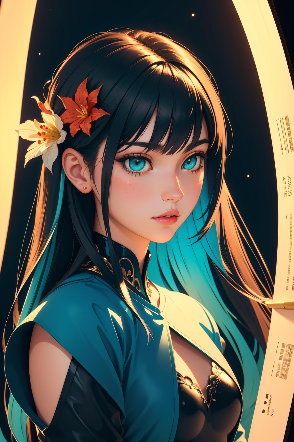1girl, dark Fantasy concept art, colorful On pale DayGlo blue paper ...