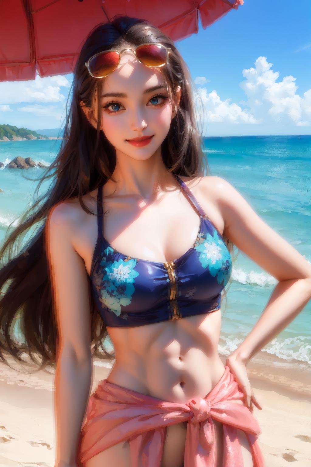 A close up of a woman in a bikini on a beach - SeaArt AI