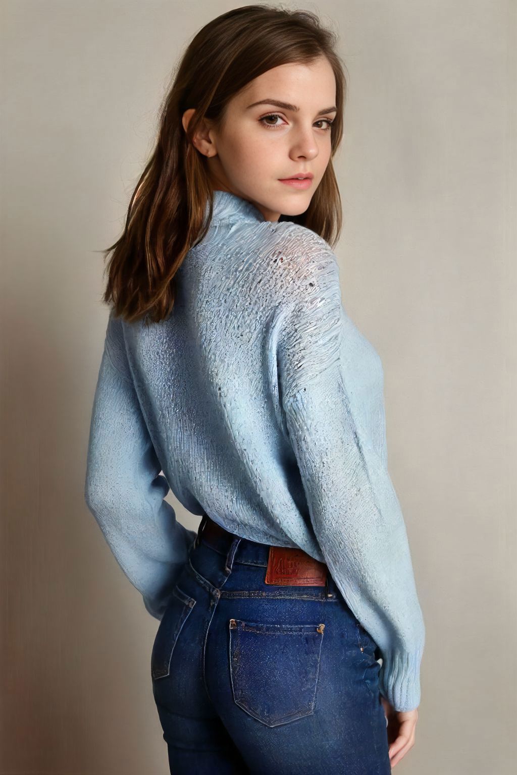A woman in jeans and a sweater poses for a picture - SeaArt AI