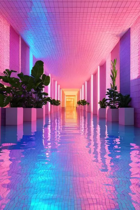 A view of a pool with plants and a tiled floor - SeaArt AI