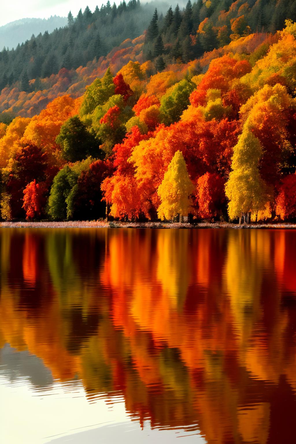 Trees are turning colors in the fall and the water is still calm ...