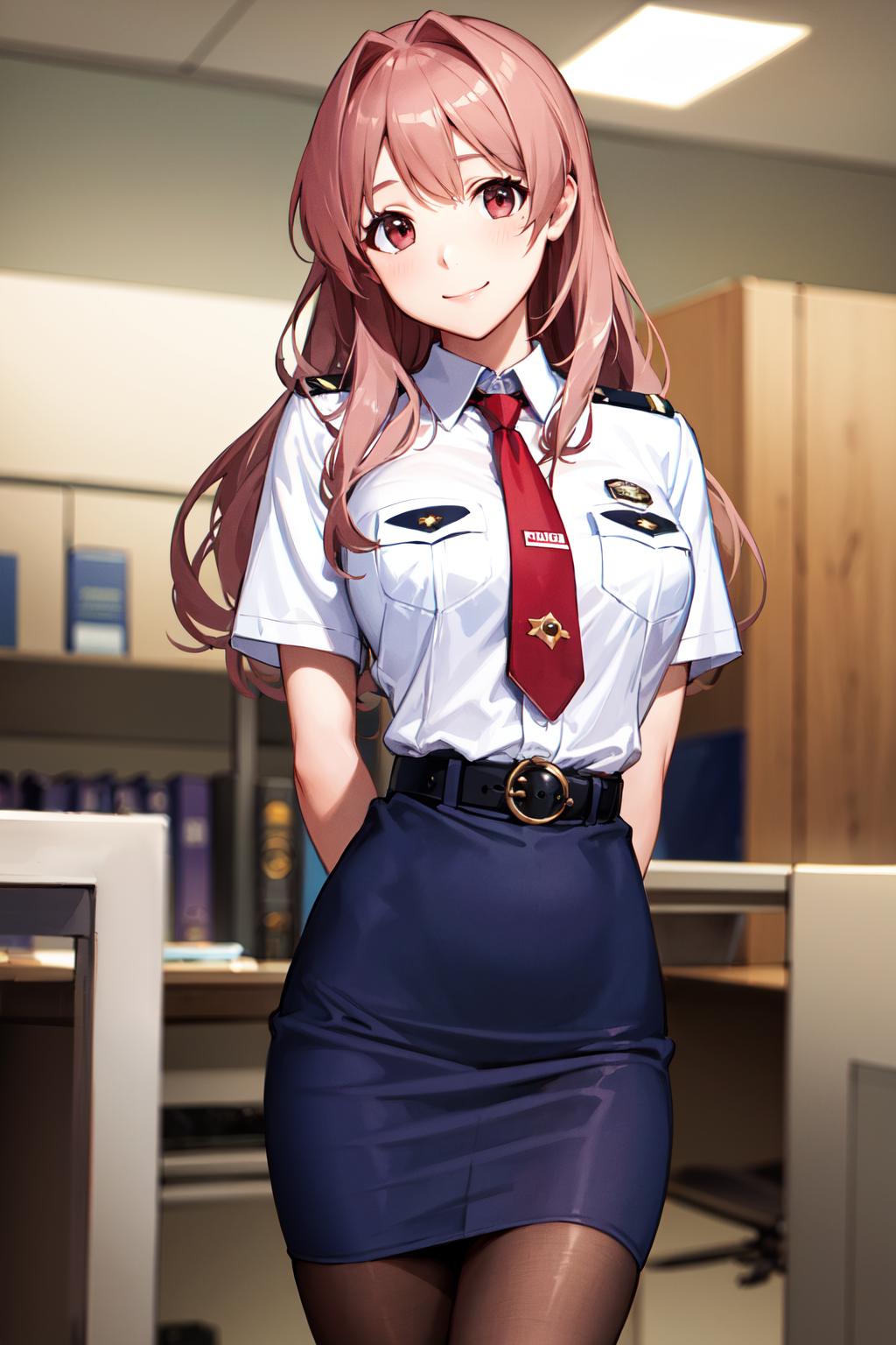 Anime girl in uniform posing in an office cubicle - SeaArt AI