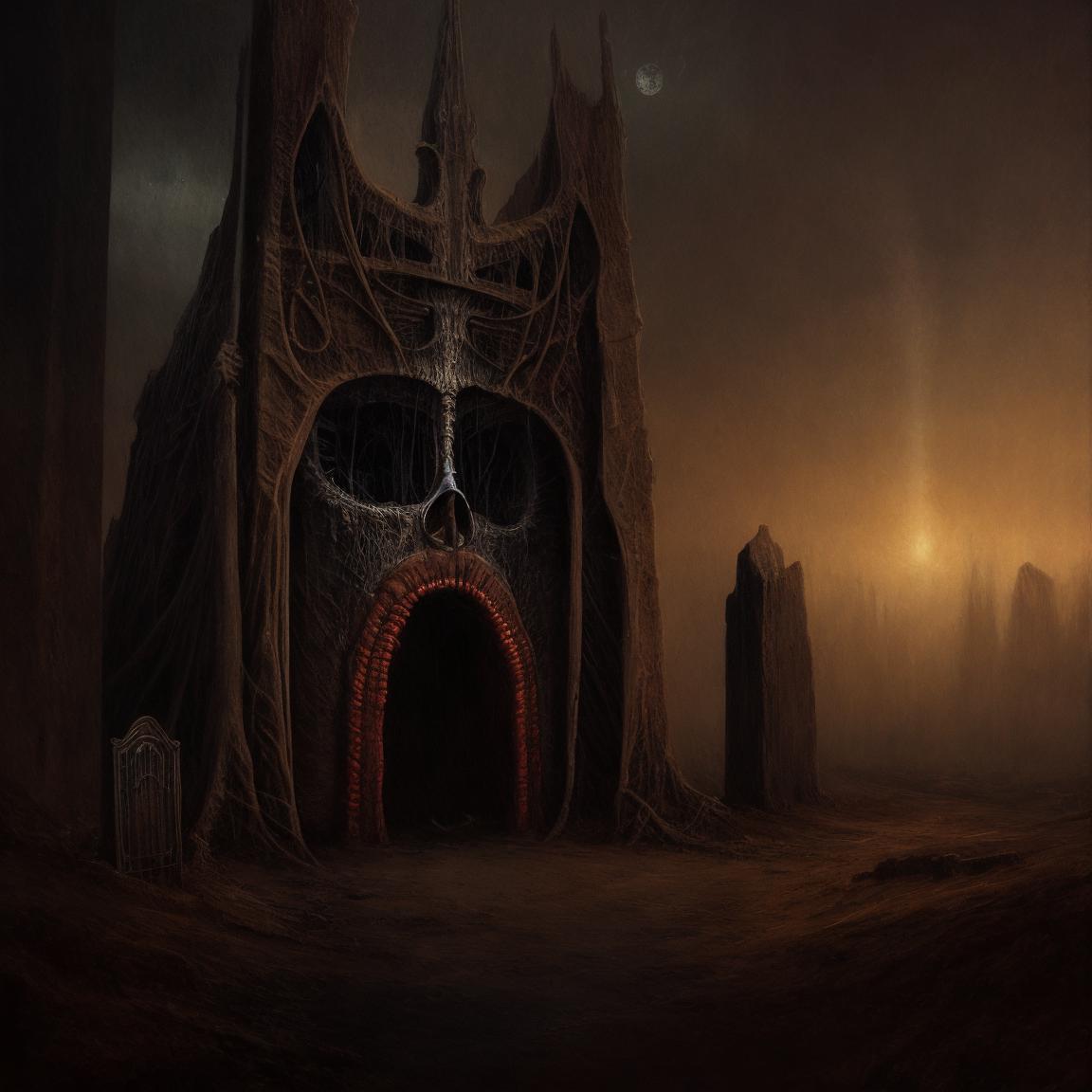 A dark and creepy looking building with a large door in the middle ...
