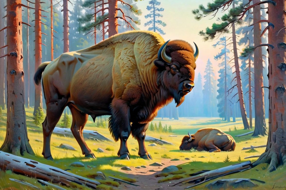 Painting of a bison in a forest with a baby bison - SeaArt AI