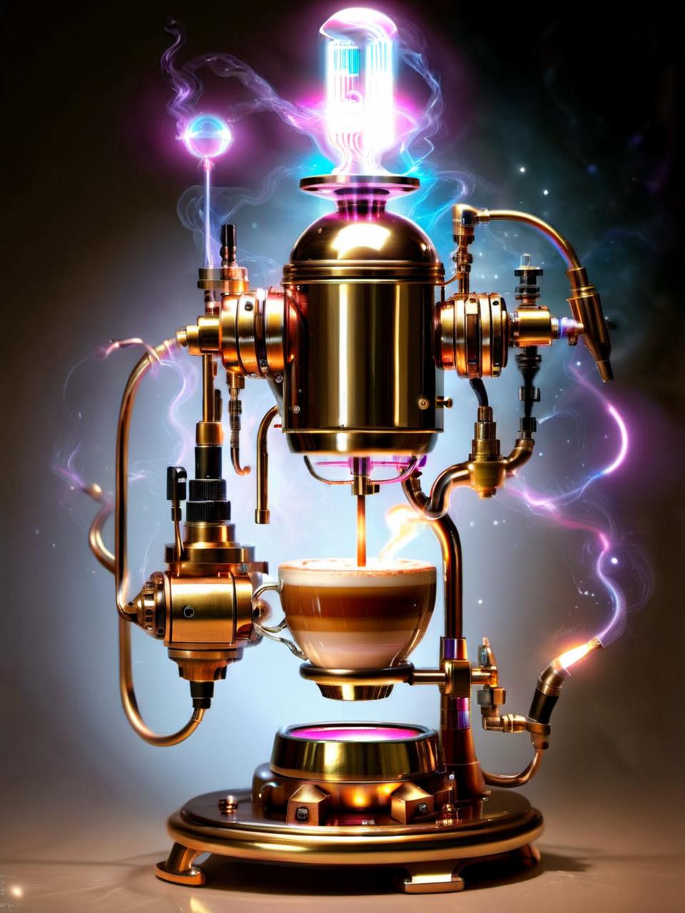 A close up of a steam powered coffee machine with a cup of coffee ...