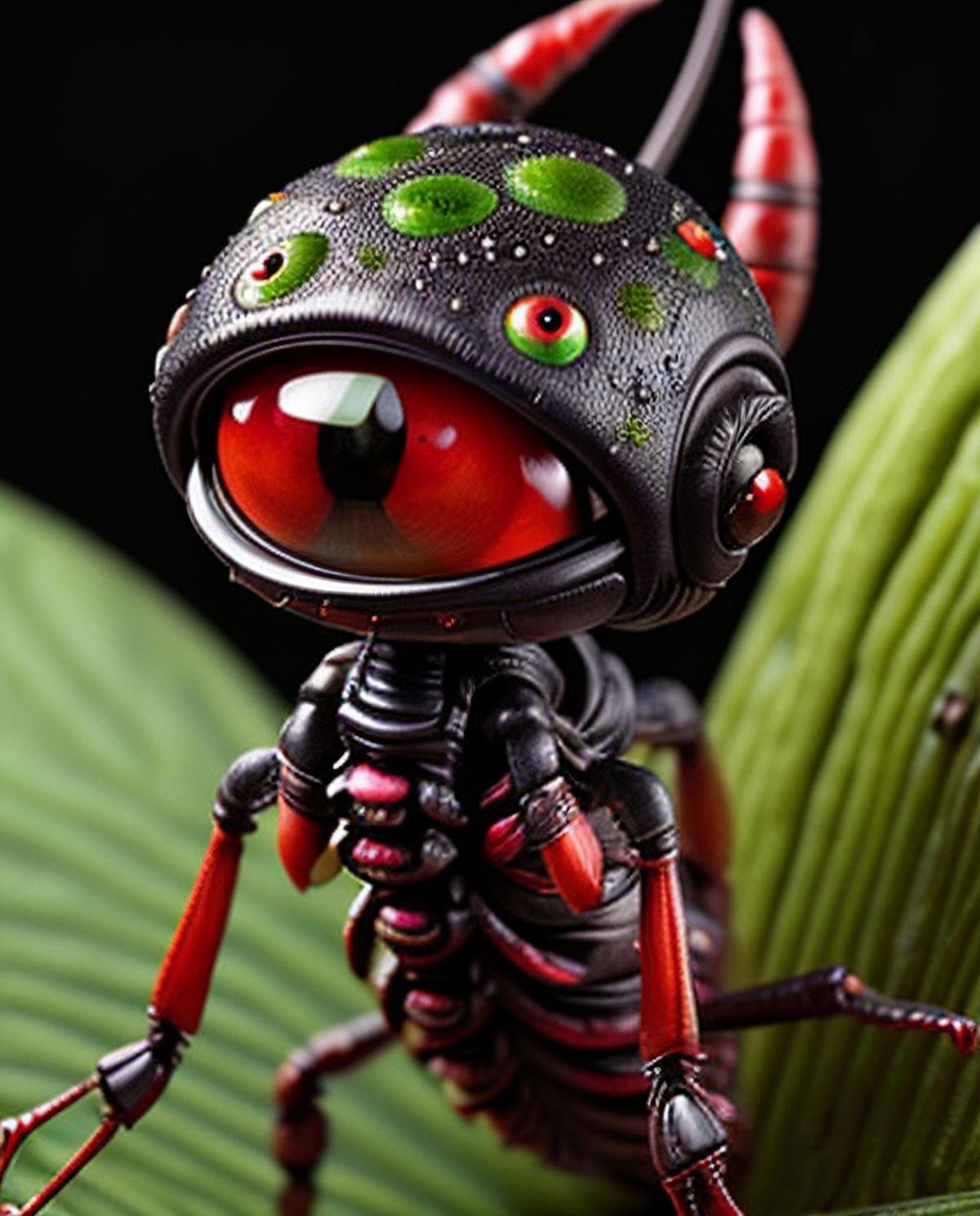 A close up of a bug with a red eye and green eyes - SeaArt AI